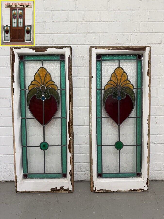 Pair Of Reclaimed Leaded Light Stained Glass Window Panels 1055 x 430m ...